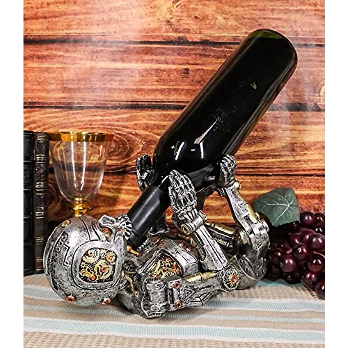 Ebros Steampunk Industrial Victorian Sci Fi Cyborg Robotic Terminator Skeleton Wine Bottle Holder Figurine with Painted Gearwork Clockwork and Mechanical Parts Party Hosting Skeletons Skulls Decor