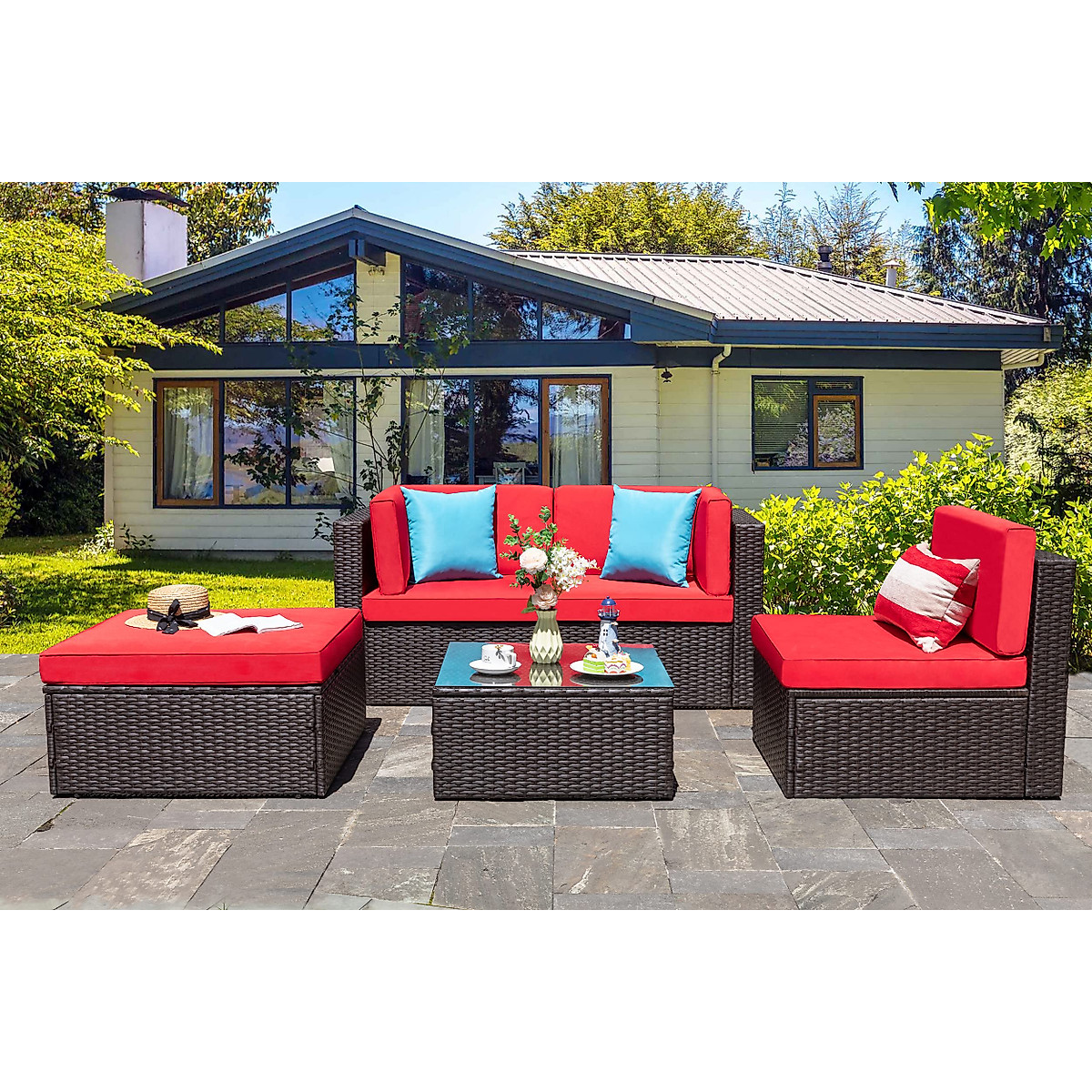 Vongrasig 5 Piece Furniture, Small All-Weather Brown PE Wicker Outdoor Couch Sectional Patio Conversation Set Garden Patio Sofa w/Ottoman, Glass Table, Red