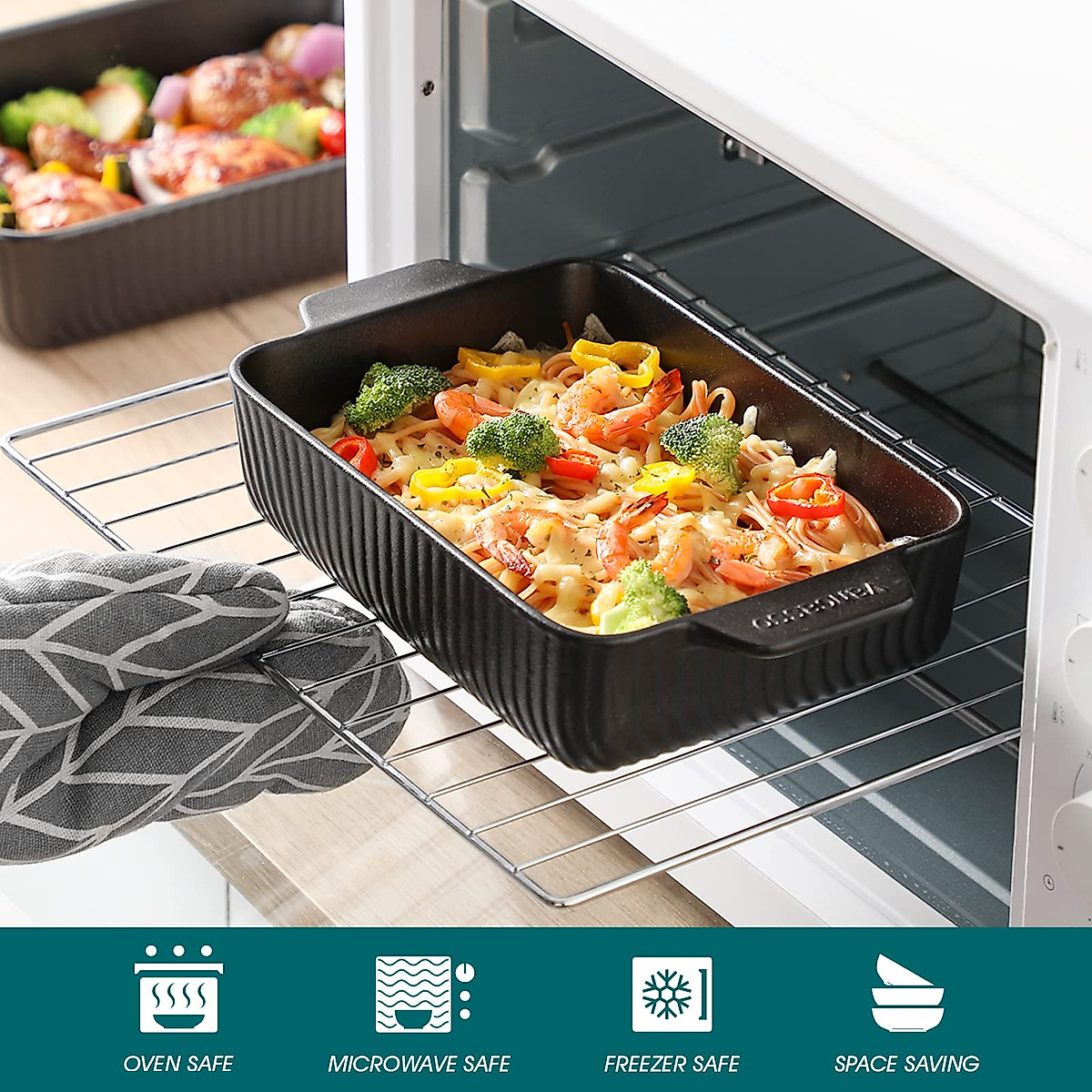 vancasso Forte 4-Piece Stoneware Baking Dish Set - Rectangular Casserole and Lasagna Pans with Handles, Deep Oven-Safe Bakeware for Cooking, Black
