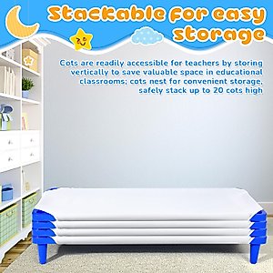 Geetery Stackable Daycare Cots with Sheets for Kids Include 54" L x 23" W Toddler Nap Cots for Sleeping and Daycare Sheets for Nap(Blue, 8 Pcs)