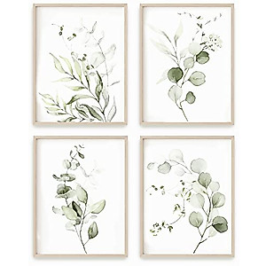 Vivegate Light Botanical Plant Wall Art Prints - Set of 4 Plant Wall Decor Prints Floral Kitchen Flower Leaves Wall Art Boho Leaf Eucalyptus (Medium - 8"X10", Light Green)