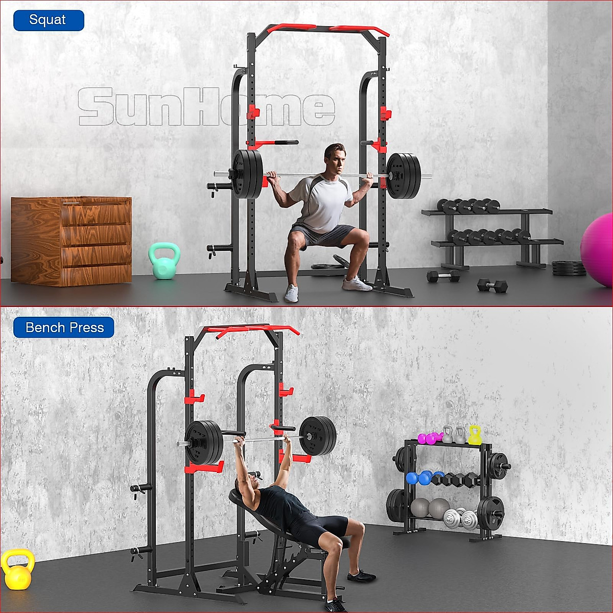 SunHome Power Cage Squat Rack, Multi-Functional Power Rack with J-Hooks, Dip Handles, Weight Plate and Olympic Bar Storage Home Gym
