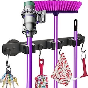 Magnetic Mop Broom Holder, Heavy Duty Magnetic Mop Hanger with 4 Hooks for Cleaning Tools, Strong Magnetic Tool Hanger Organize System Utility Rack for Refrigerators Laundry Garage Kitchen