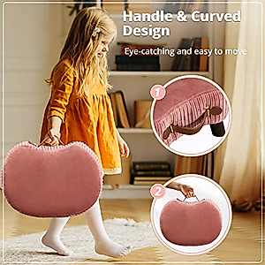 Small Curved Foot Stool with Handle, Pink Velvet Footstool and Ottomans, Modern Foot Rest with Wooden Legs, Step Stool with Padded Seat for Couch, Living Room