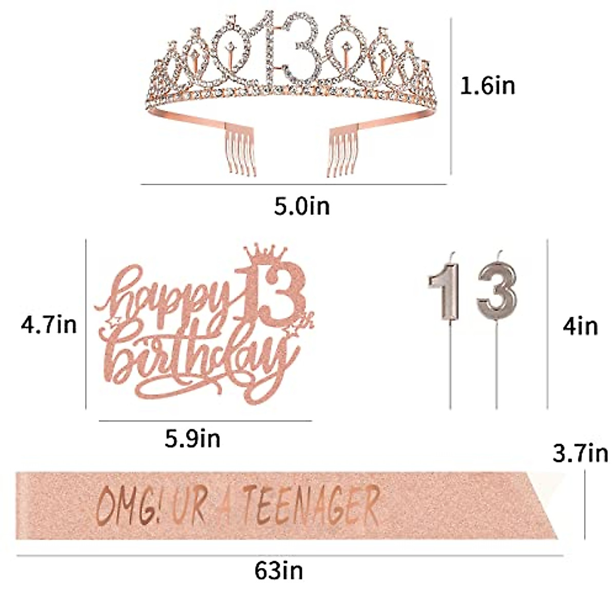 13th Birthday Decorations for Girls,13th Birthday Sash,Crown,Balloons,Candles,Cake Toppers.13th Birthday Crown Set for Girls