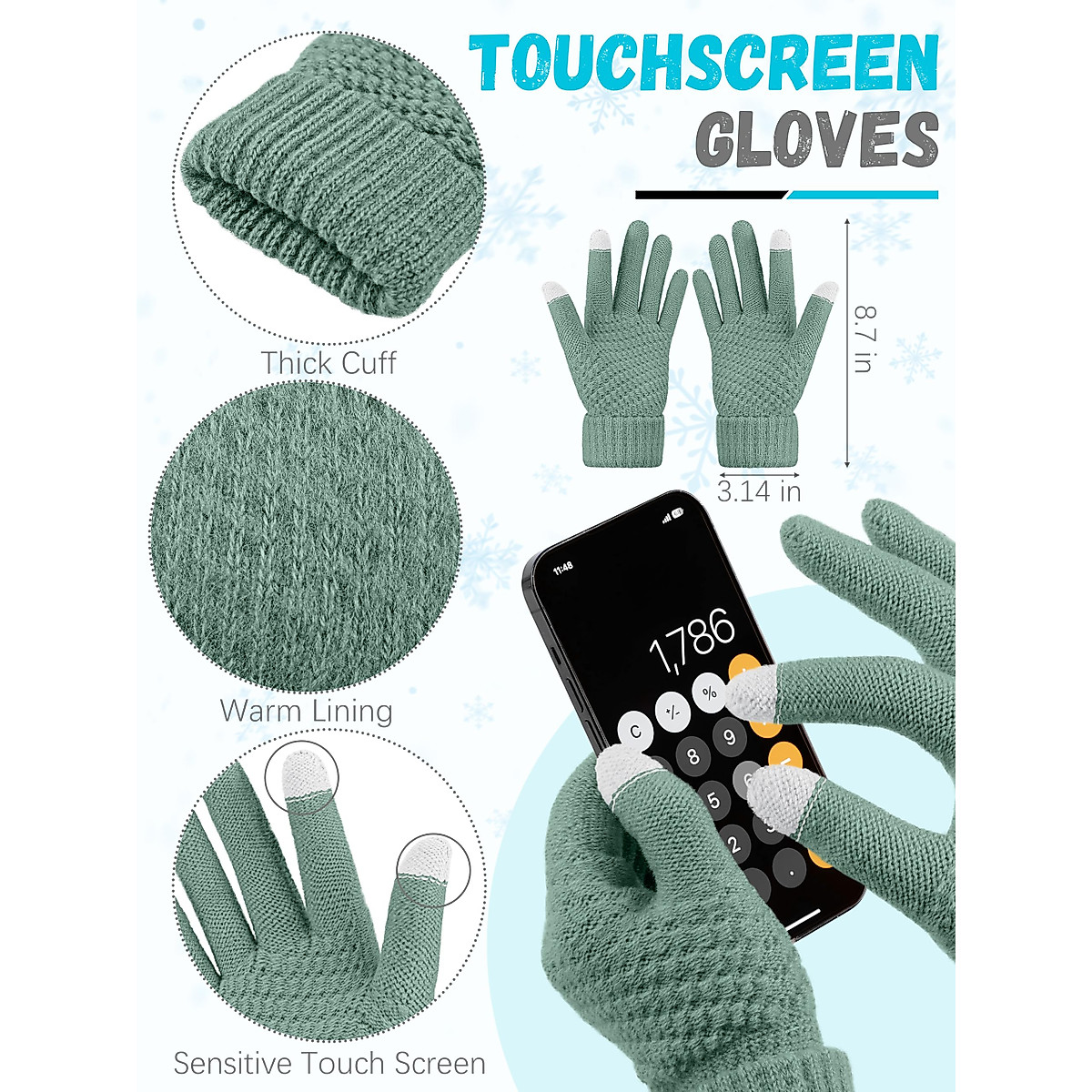 Winter Hat Scarf Gloves and Ear Warmer, Warm Knit Beanie Hat Touch Screen Gloves Set Winter Gifts Neck Scarves for Women Mint Green