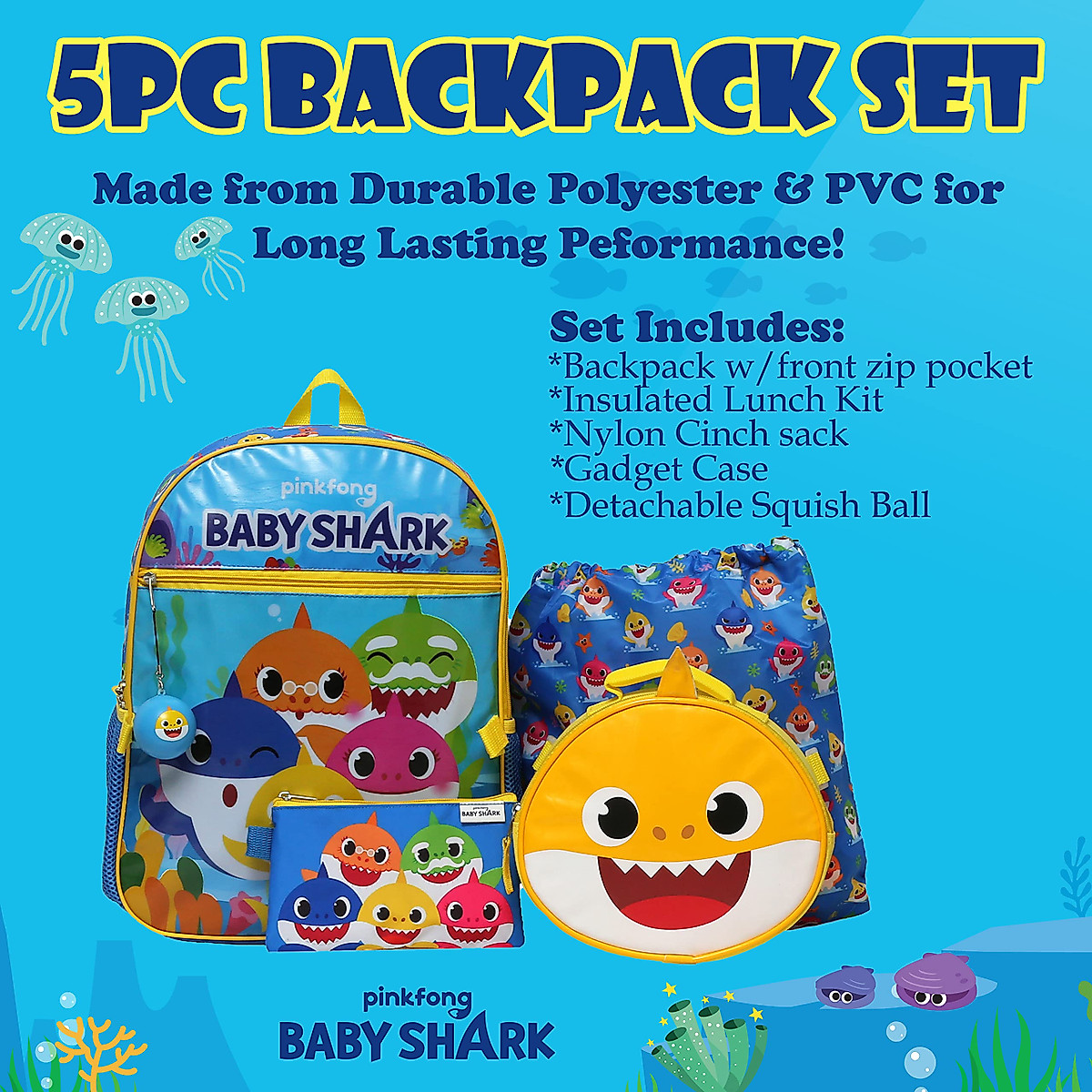 Baby Shark 5 Piece Backpack Set for Kids, Kindergarten Schoolbag with Insulated Lunch Box, Pencil Case, Cinch Bag, and Squishy Ball Toy Dangle, Daypack for Toddler’s Boys and Girls