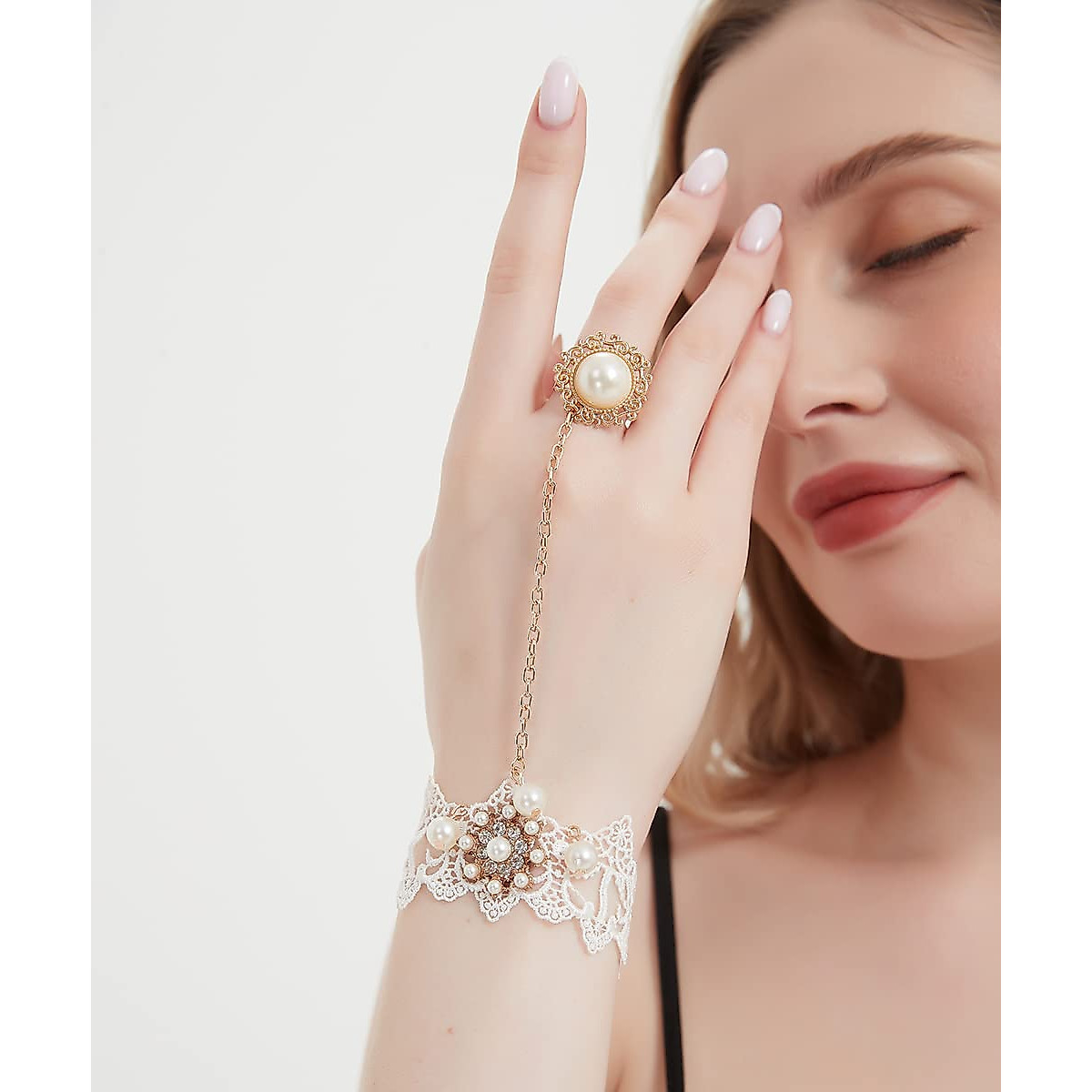 Asphire Retro Lace Slave Bracelet with Finger Ring Vintage Pearl Tassel Ring Chain Bracelet Lolita Costume Party Festival Rose Hand Accessories for Women (Style 5)