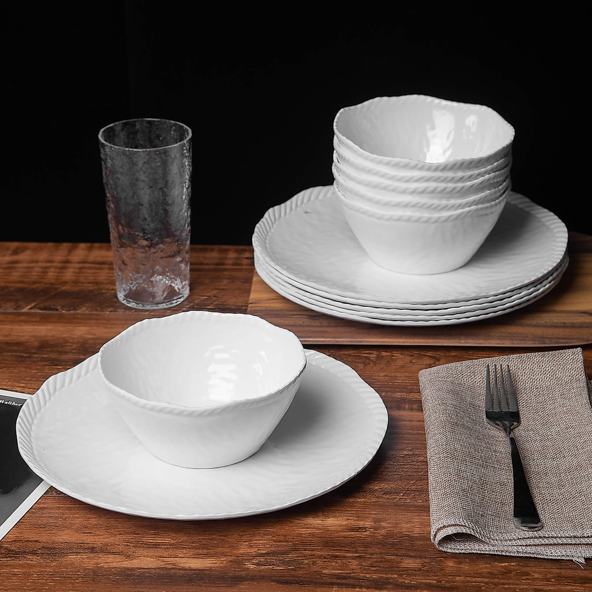 KX-WARE Melamine Plate, 11-inch Dinner Plates with Rope Edge Design, set of 6 White