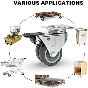 GBL 2 inch Casters Set of 4 Heavy Duty with 2 Locking Brakes + Screws - Up to 880Lbs - Swivel Caster Wheels - No Floor Marks Silent Plate Casters - Silver Castor