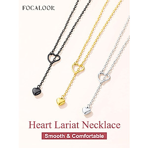 FOCALOOK Black Long Necklaces for Women Trendy Drop Heart Pendant Lariat Long Chain Elegant Y-Necklaces