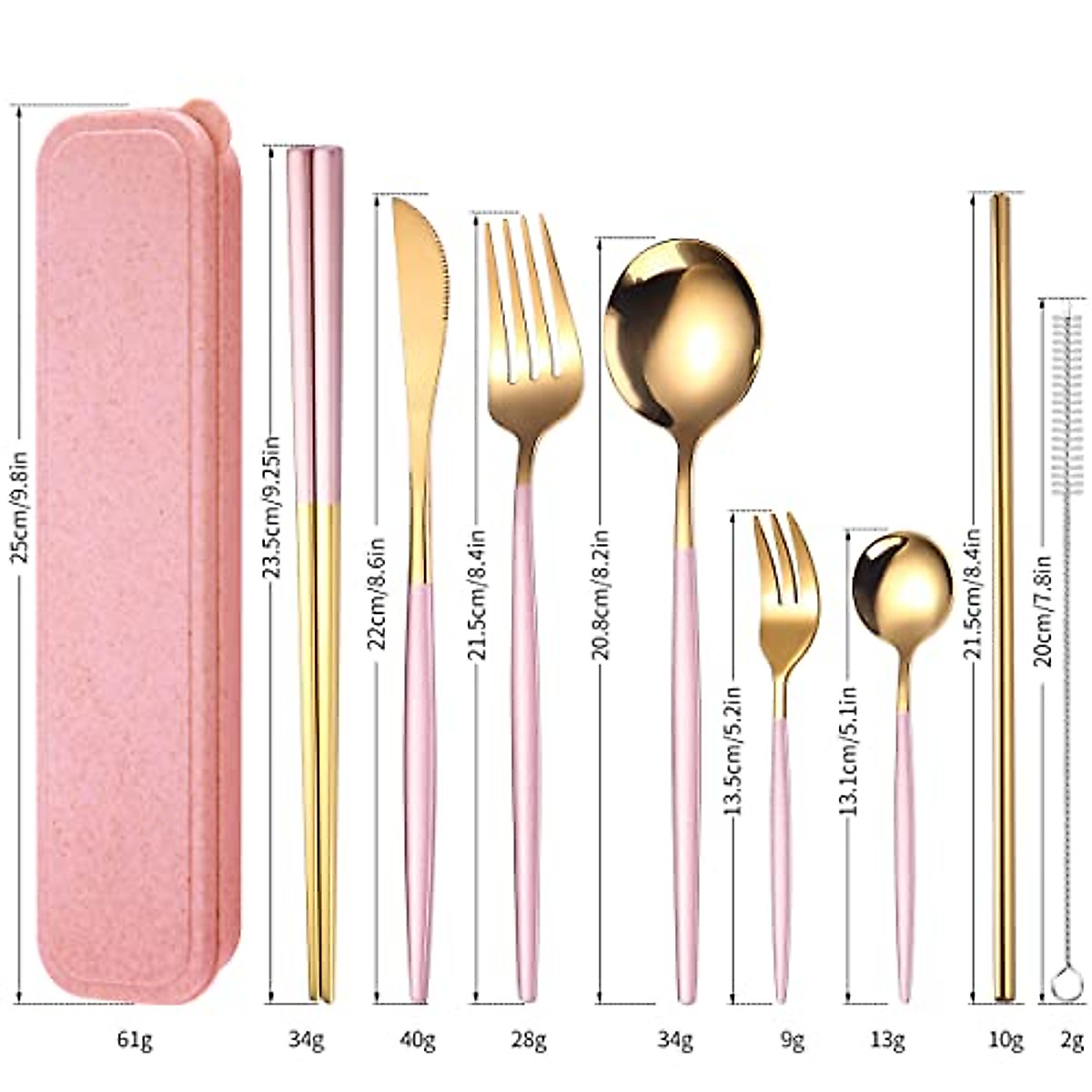 AARAINBOW 8 Pieces Stainless Steel Flatware Set Portable Reusable Cutlery Set Travel Utensils Set Including Chopsticks Knife Fork Spoon Straws Cleaning Brush Dishwasher Safe (Pink Golden)