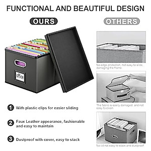 Huolewa Portable Leather File Organizer Boxes with Lids, Collapsible Linen Hanging Filing Storage Boxes with Plastic Slide, Decorative Home/Office Filing System Boxes for File and Folders Storage