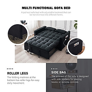 ECHINGLE Sleeper Sofa Bed, 3-in-1 Velvet Pull Out Couch with Armrests, Storage Pockets and 2 Pillows, Adjustable Backrest, Sofa Bed Couch for Living Room, Bedroom(Black)