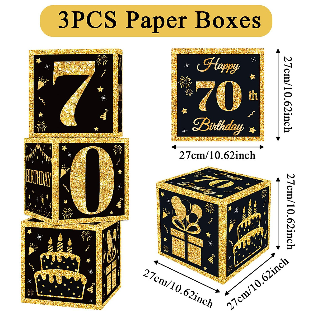 70th Birthday Decorations Boxes for Men- 3PCS Black Gold Happy 70th Birthday Balloons Boxes, 70 Year Old Party Supplies for Men Women