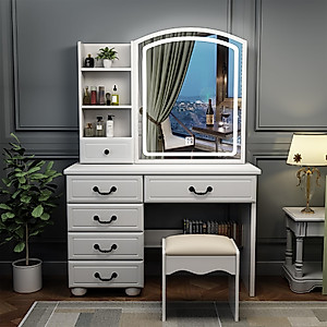 Lakifun Vanity Desk with Lighted Mirror, Makeup Vanity with Lights and Drawers,Makeup Table with Mirror, 3 Lighting Colors, Bedroom Dressing Table, White Vanity Set for Girls Women