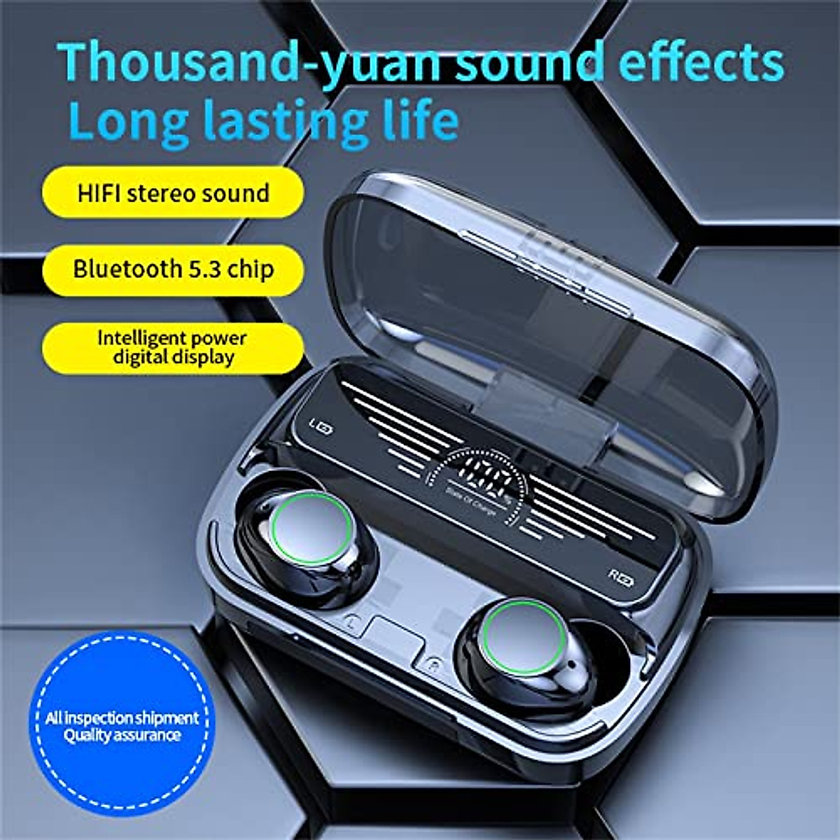 BANAAO Wireless Bluetooth Digital Display Touch-Control Earbuds -Mini in Ear Light-Weight Built-in Mic Stereo Noise Cancellation Earphones with Charging Case for Office Outdoor Sport