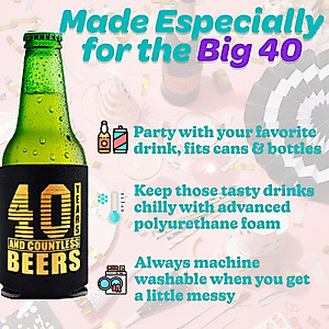 Happy 40th Birthday Insulated Can Cover 12 Pack - Birthday Favors for Men and Women - Printed on Both Sides Fits All Cans and Bottles - Thermocooler Beverage Sleeve - Black & Gold (Original, Regular)
