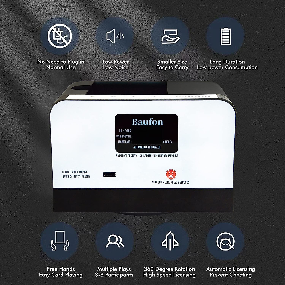 Baufon Automatic Card Dealer, Electric Card Dealer Machine, Rotating Card Dealer Machine for UNO, Blackjack, Texas Hold'em, Home Card Games (Black)