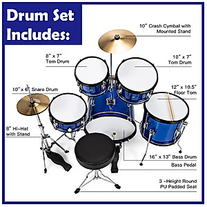 Costzon 16” Kids Drum Set, 5-Piece Full Size Complete Junior Drum Set with Adjustable Throne, Cymbal, Hi-Hat, Pedal & Drumsticks, Beginner Drum Kit with Bass Snare Tom Drum, Age 3-12, Blue