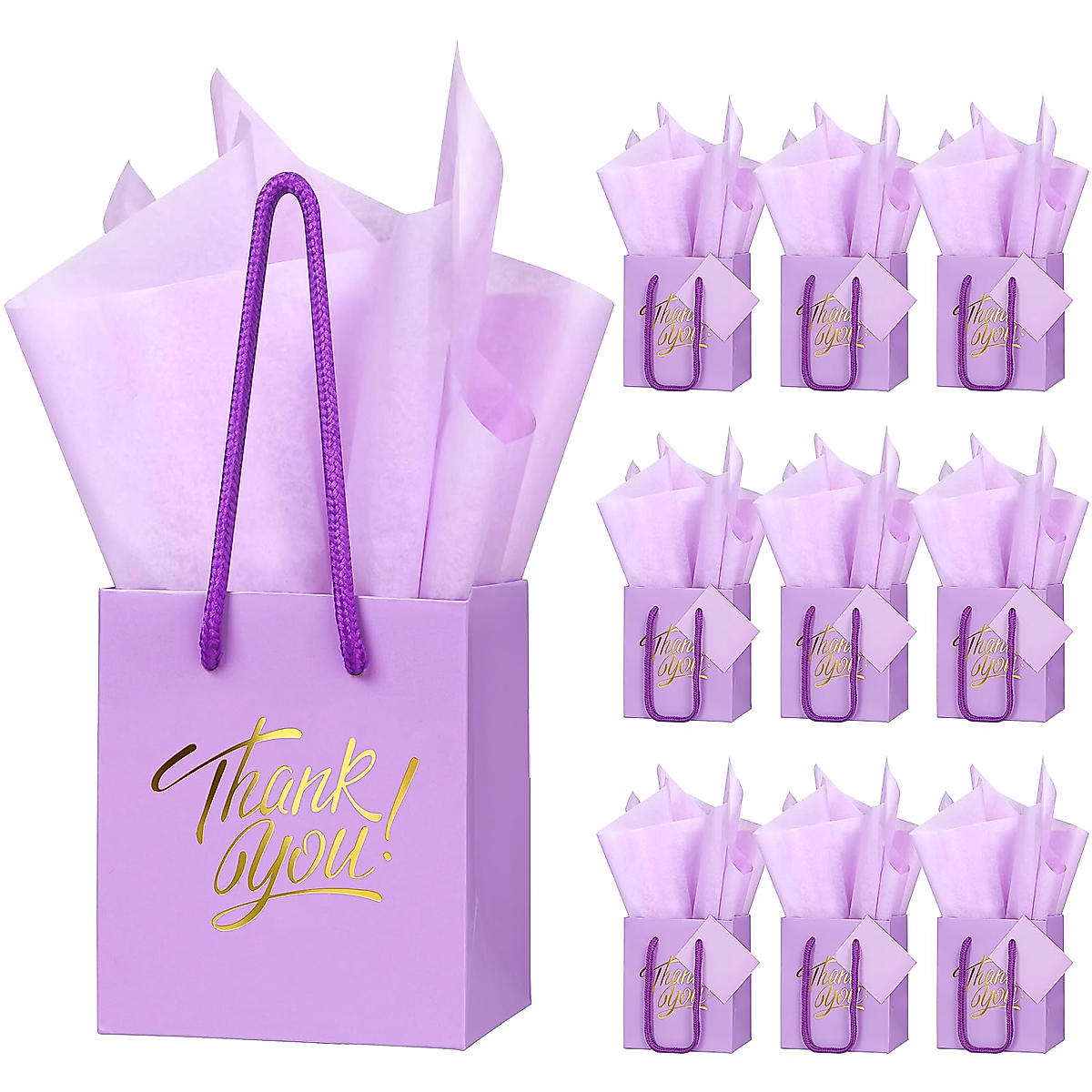 EQOREIIN 50 Pcs Purple Small Gift Bags with Handles 4 x 2.75 x 4.5 Inches Mini Thank You Gift Bags Party Favor Bags Kraft Paper Bags Bulk for Mother's Day Baby Shower Birthday(Purple)