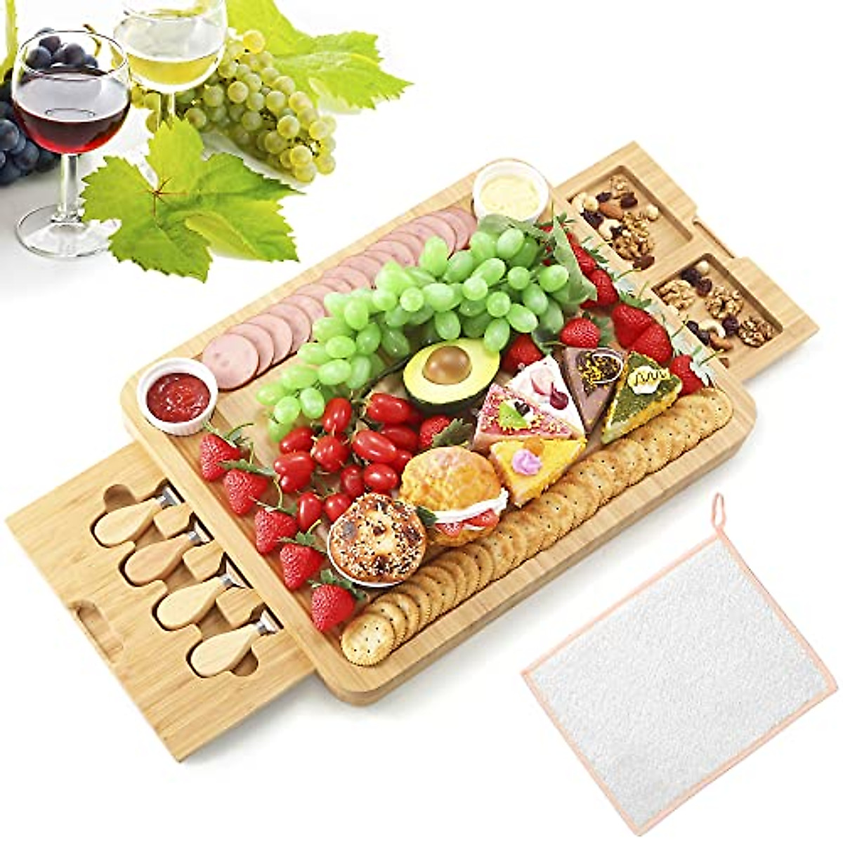 Weoowin Bamboo Charcuterie Boards and Knife Set - Large Cheese Board, Cheese Platter & Tray, Unique House Warming, Birthday, Christmas, Wedding, Registry, Bridal Gift