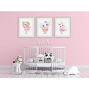 Framed Nursery Wall Art Animals Ballerinas for Girl Baby Room Wall Decor, 10"x12" Wood Frame, Set of 3