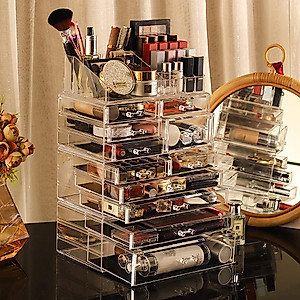 Cq acrylic 4 Pack Clear Skincare Organizer for Vanity,Stackable 11 Drawers Make Up Organizer,Cute Cosmetic Organizer for Vanity Jewelry,Hair Clip,Beauty,Skincare Product Dresser Acrylic Desk Organizer