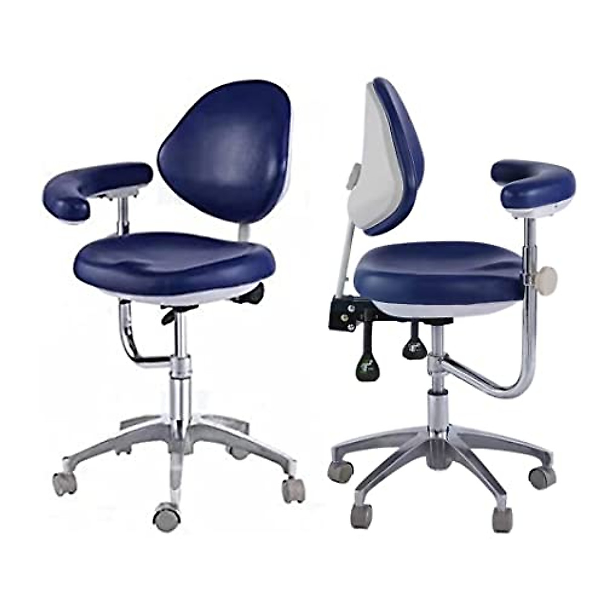 DenFactory Adjustable Height, Backrest & Armrest Dental Stool,360 Degree Rotation Dental Stool Assistant Stool Dental Assistant Chair PU Leather (Blue)