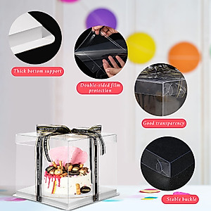 4 Pcs Clear Cake Boxes with a 147 ft Ribbon 10 x 10 x 9 Inch Tall Cake Box for Wedding Birthday Anniversary Baking Cookie Display Pack Baking Box Transparent Cake Box Portable Tall Layer Bakery Box