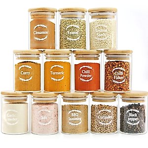 Urban Green Glass Spice Jars with Bamboo Lids - Set of 12 with Labels and Airtight Lids - For Herbs, Spices, and Dry Food Storage