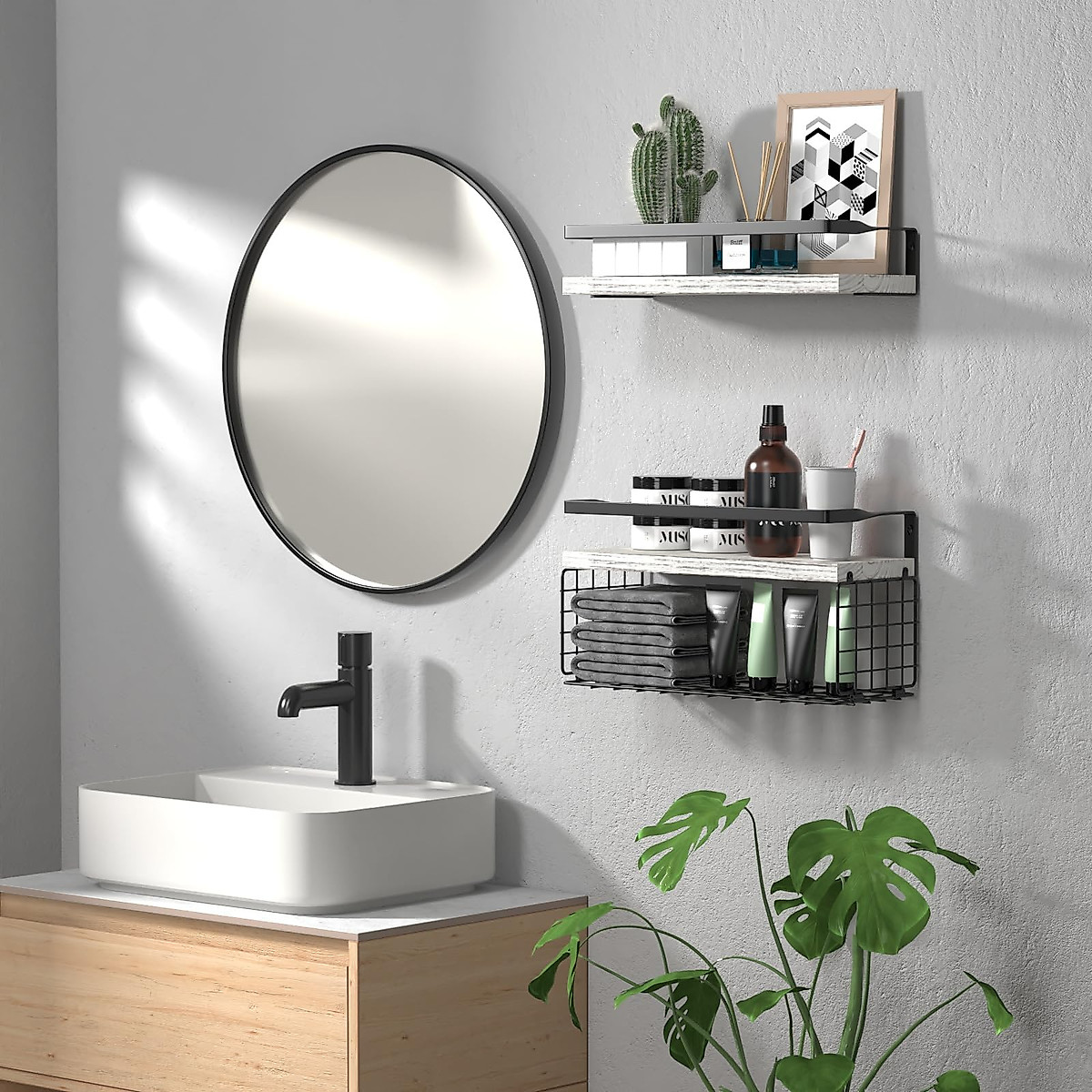 TARGETHOBBY HOBBYMATE Floating Shelves, Wall Mount Storage & Organizer Shelf with Metal Basket and Guardrail, Wall Decor Display Shelves - Rustic White