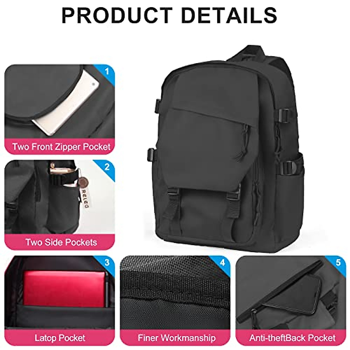 Neurora Lightweight Black Backpack Travel Laptop Backpack for Sports,Work,Security Travel,College.
