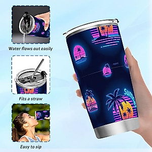 sanluoli Summer Neon Coconut Tree Sunset Stainless Steel cup with straw with Straw Lid coffee mug insulated for camping modern vacuum insulated tumbler with lid 20 OZ