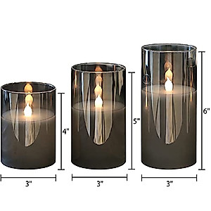 GenSwin Gray Glass Flameless Led Candles Battery Operated with Timer and 10-Key Remote, Real Wax Warm Light Candles Flickering for Wedding Festival Home Decoration (Set of 3)