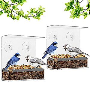 Window Bird Feeder 2 Pack, Bird House for Outside, Window Bird Feeder with Strong Suction Cups and Removable Seed Tray with Drain Holes. Outdoors Birdfeeder for Wild Birds, Cardinal, Bluebird