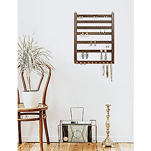 Mymazn Easy Assemble Solid Walnut Wood Earring Wall Holder Hanging Jewelry Organizer Necklace Holder Earring Hanger Wall Mount Jewelry Organizer for Necklaces Rings Scruncies Organization