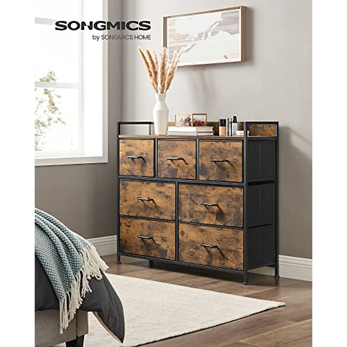 SONGMICS Dresser for Bedroom, Chest of Drawers, 7 Fabric Drawers with Handles, Rustic Brown and Black ULTS137B01