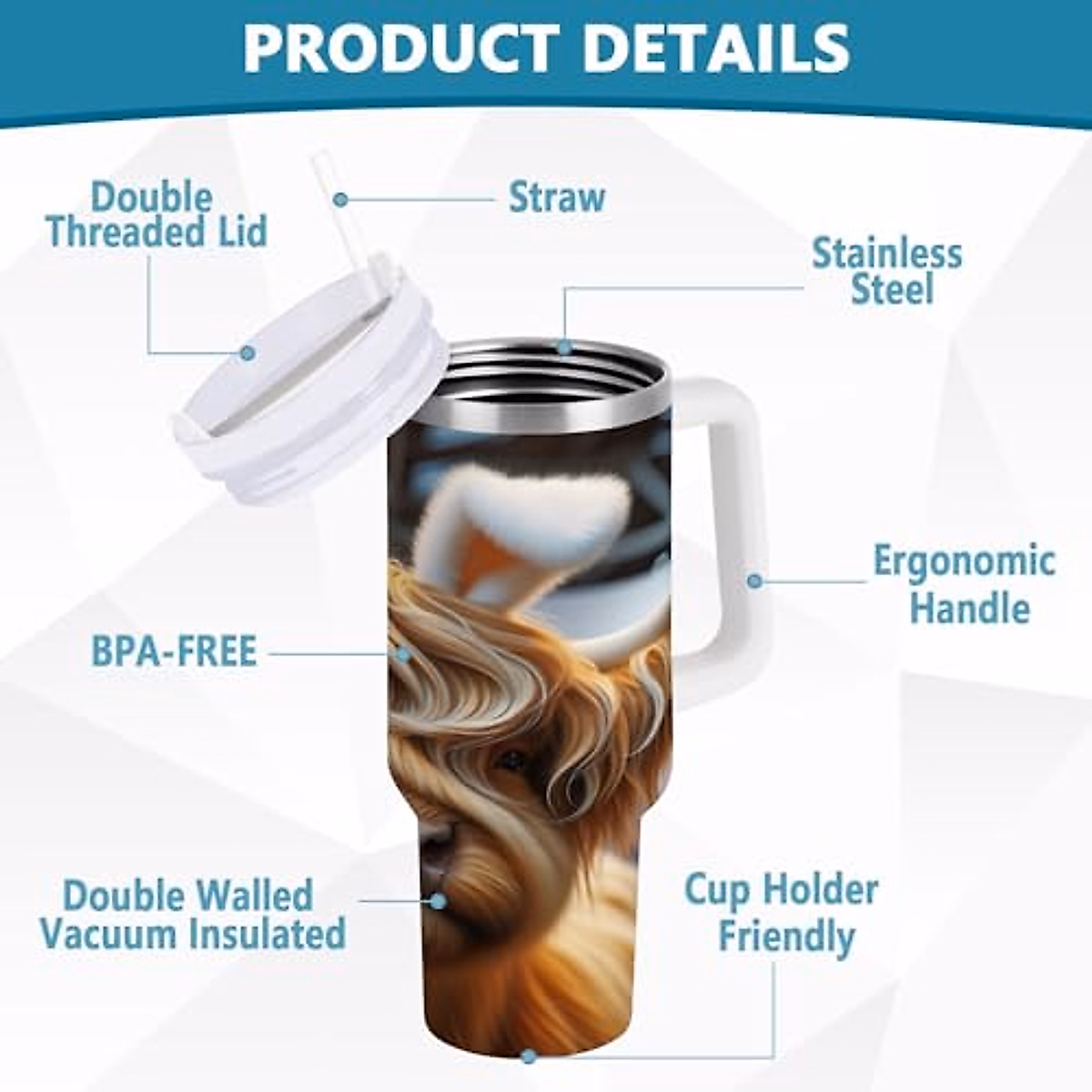 RPLIFE Easter Cute Highland Bunny Ears 40 Oz Tumbler with Handle, Stainless Steel Water Bottle with Straw, Coffee Tumbler