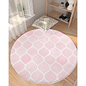 Morocco Pink Fluffy Round Area Rug Carpets 5ft,Plush Shaggy Carpet Soft Circular Rugs,Non-Slip Fuzzy Accent Floor Mat for Living Room Bedroom Nursery Home Decor Geometric Minimalist Boho Indian Print