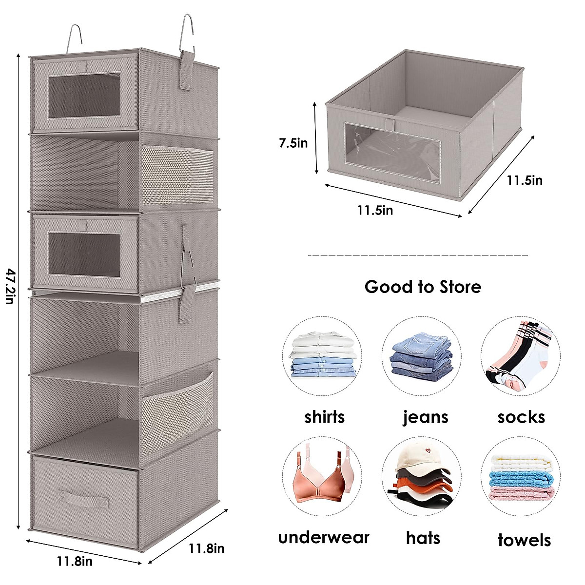 Fixwal 1 Pack 6-Shelf Hanging Closet Organizer, 2 Separable 3-Shelf Hanging Shelves with 3 Drawers Clothes Organizer Shelves for Bedroom Closet Rack