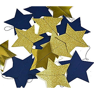 Furuix Outer Space Decorations Birthday Party Decorations 2pcs Navy Blue Glitter Gold Paper Star Garlands Star String for Baby Shower Decorations
