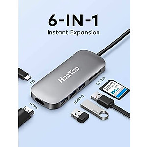 HooToo USB C Hub, 6-in-1 USB C Adapter with 4K USB C to HDMI, 3 USB 3.0 Ports, SD Card Reader, Pd Charging Port for MacBook/Pro/Air (2018), Chromebook, and More USB C Devices (Grey), silver