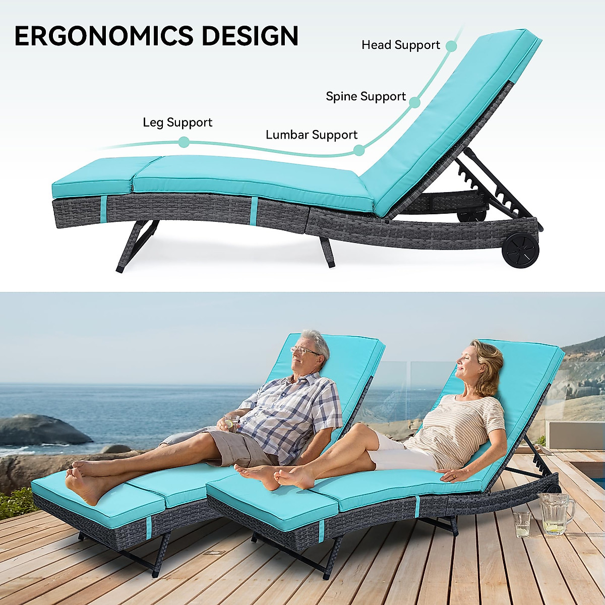 YITAHOME Wicker Chaise Lounge Outdoor PE Rattan Pool Lounge Chair with Adjustable Backrest and Removable Cushion & Wheels for Poolside Deck Balcony Lawn