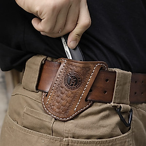 Tourbn Tourbon Leather Pocket Folding Knife Sheath for Belt EDC Holster Man Cross Draw Right Side Carry Open Top Trapper Knives Carrier