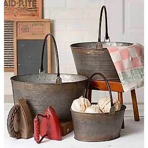 Colonial Tin Works Rustic Set of Three Round Buckets with Handles Home Décor, Multisizes, Gray