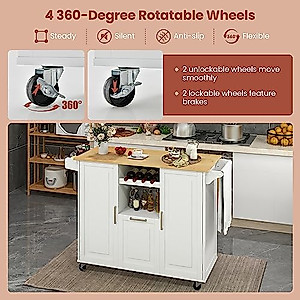 Giantex Mobile Kitchen Island with Drop Leaf, Rolling Island Table with Rubber Wood Top, Storage Cabinets, Deep Drawer, Wine Bottle Rack, Spice Rack, Serving Cart for Dining Room Bar (White)