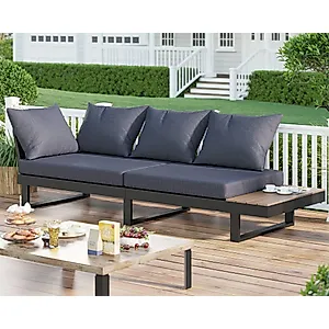 PaPaJet Aluminum Patio Conversation Set with Backrest, 3 Piece 3 Seat Modern Outdoor Furniture Set with Wood Grain Plastic Top Side Table for Backyard Porch, Gray