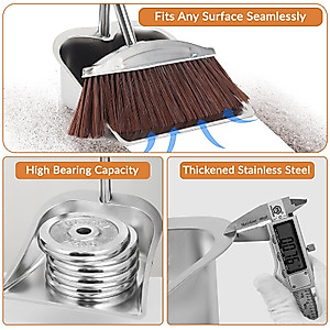 VOOWO Broom with Dustpan Combo Set, 46" Stainless Steel Broom and Dustpan Set for Home, Heavy Duty Dust Pan with Long Handle, Broom for Sweeping Indoor and Outdoor, Kitchen Broom and Dust Pan (Brown)