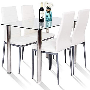 Tangkula 5 PCS Dining Table Set, Modern Tempered Glass Top and PVC Leather Chair w/4 Chairs, Dining Room Kitchen Furniture (White and Silver)